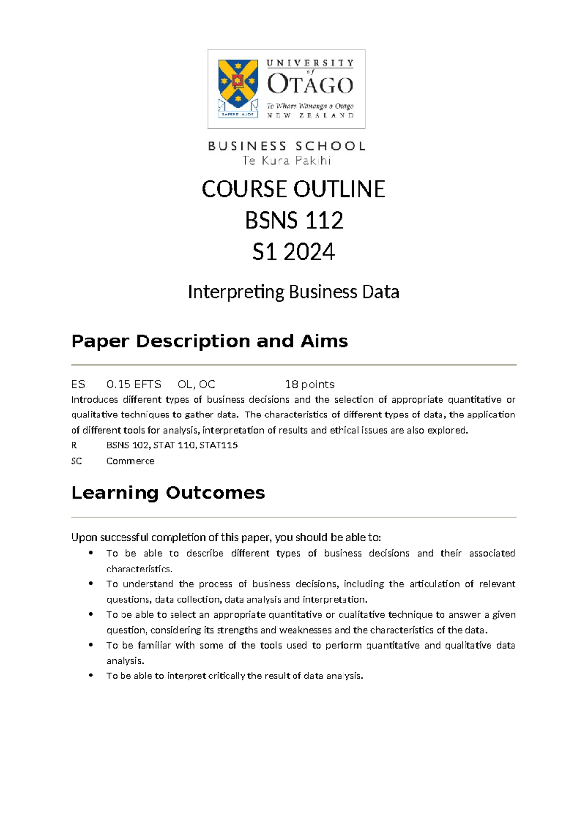 BSNS112 S1 2024 Course Outline - COURSE OUTLINE BSNS 112 S1 2024 ...