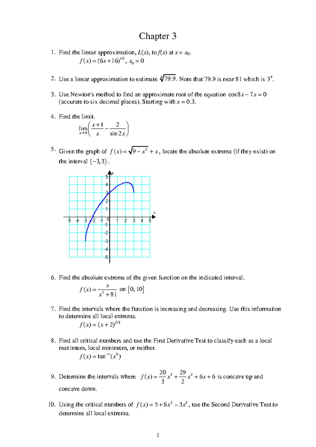 Math 03 - tutorial - 1 Chapter 3 Find the linear approximation, L(x), to f(x) at x x 0. 1/ f ...