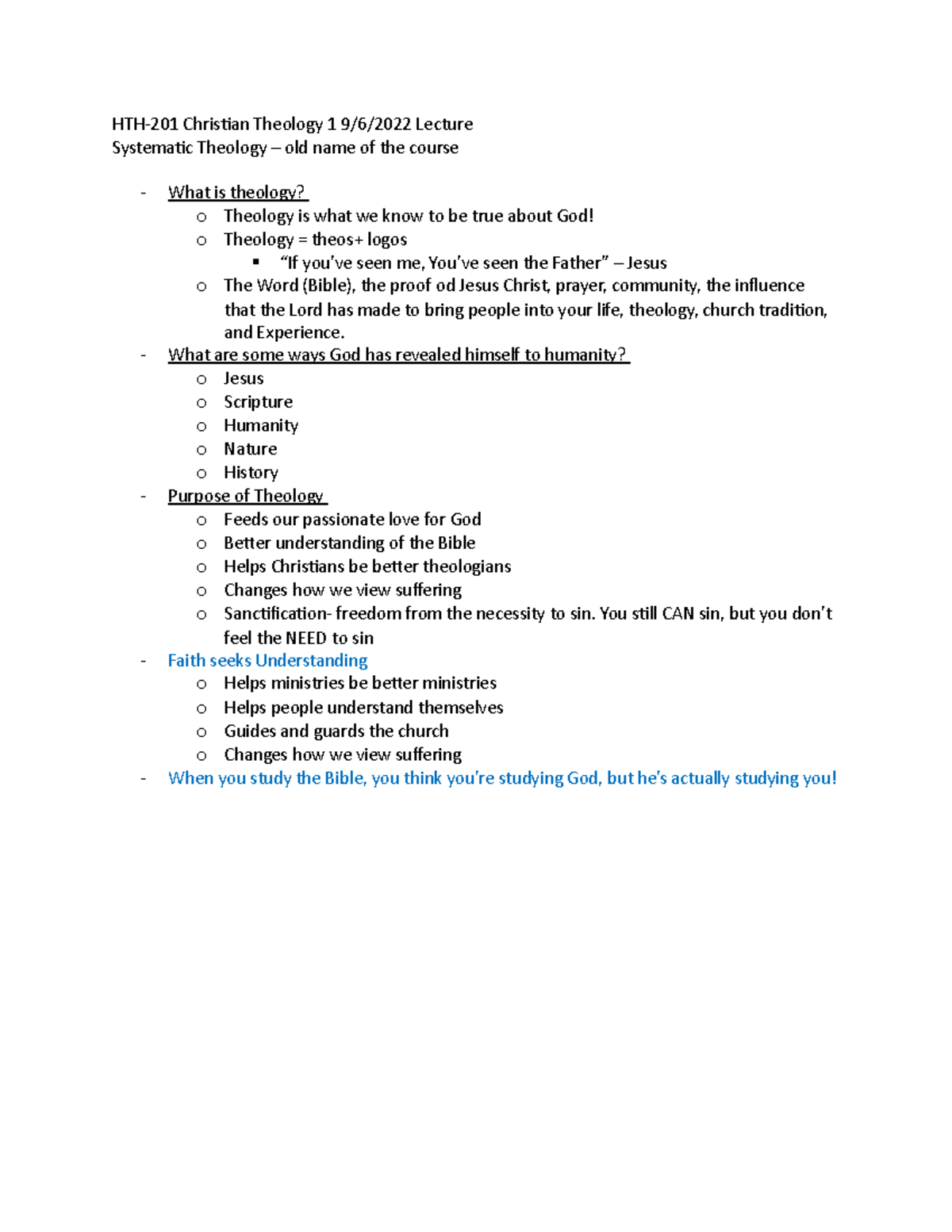HTH-201 notes - HTH-201 Christian Theology 1 9/6/2022 Lecture ...