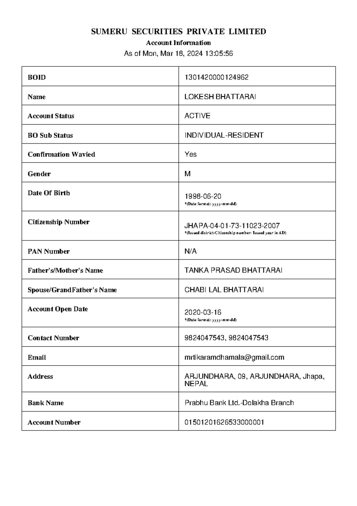 My Detail - SUMERU SECURITIES PRIVATE LIMITED Account Information As of Mon, Mar 18, 2024 13:05 ...