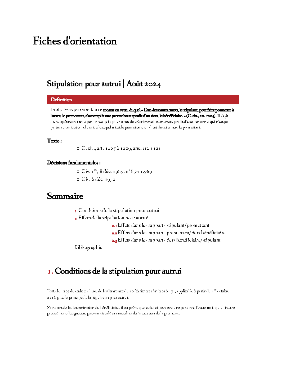 Stipulation pour autrui fiche - Fiches d'orientation Stipulation pour ...