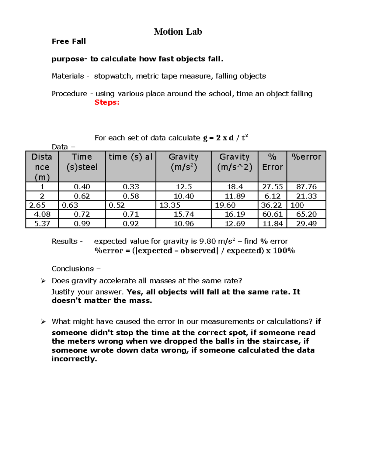 Motion Lab Free Fall 2023 - Motion Lab Free Fall purpose- to calculate ...