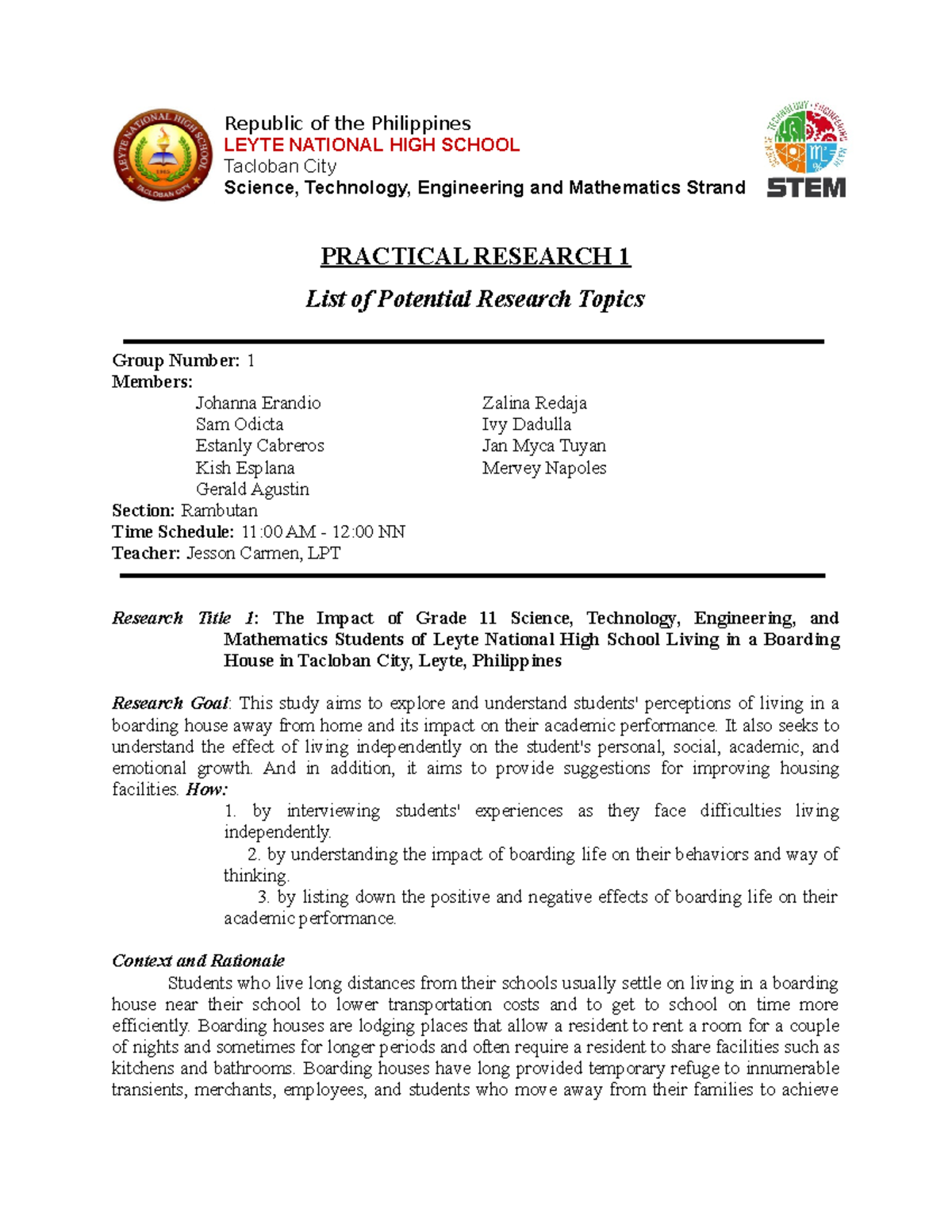 Research Topics Template GRP 1 revised - Republic of the Philippines ...