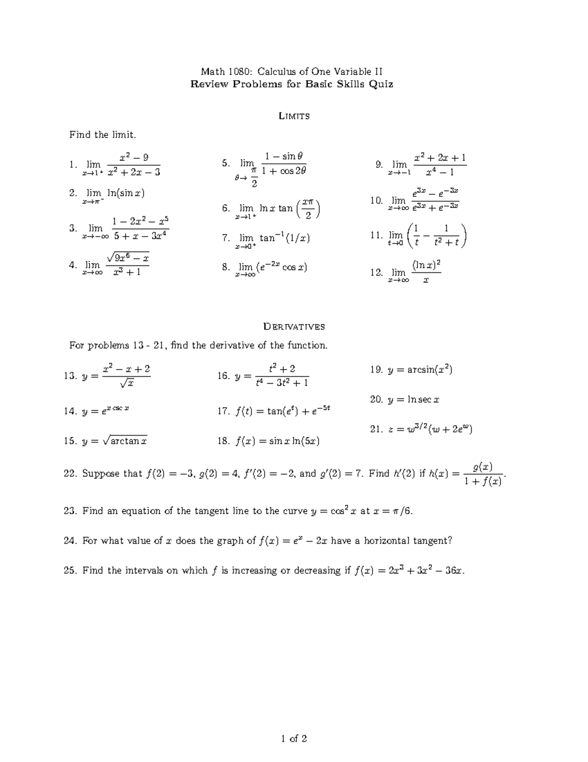 Basic Skills Quiz Review - Math 1080: Calculus of One Variable II ...