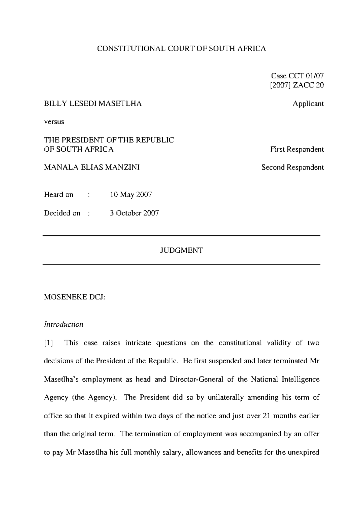 Masetlha v President of the RSA - CONSTITUTIONAL COURT OF SOUTH AFRICA ...