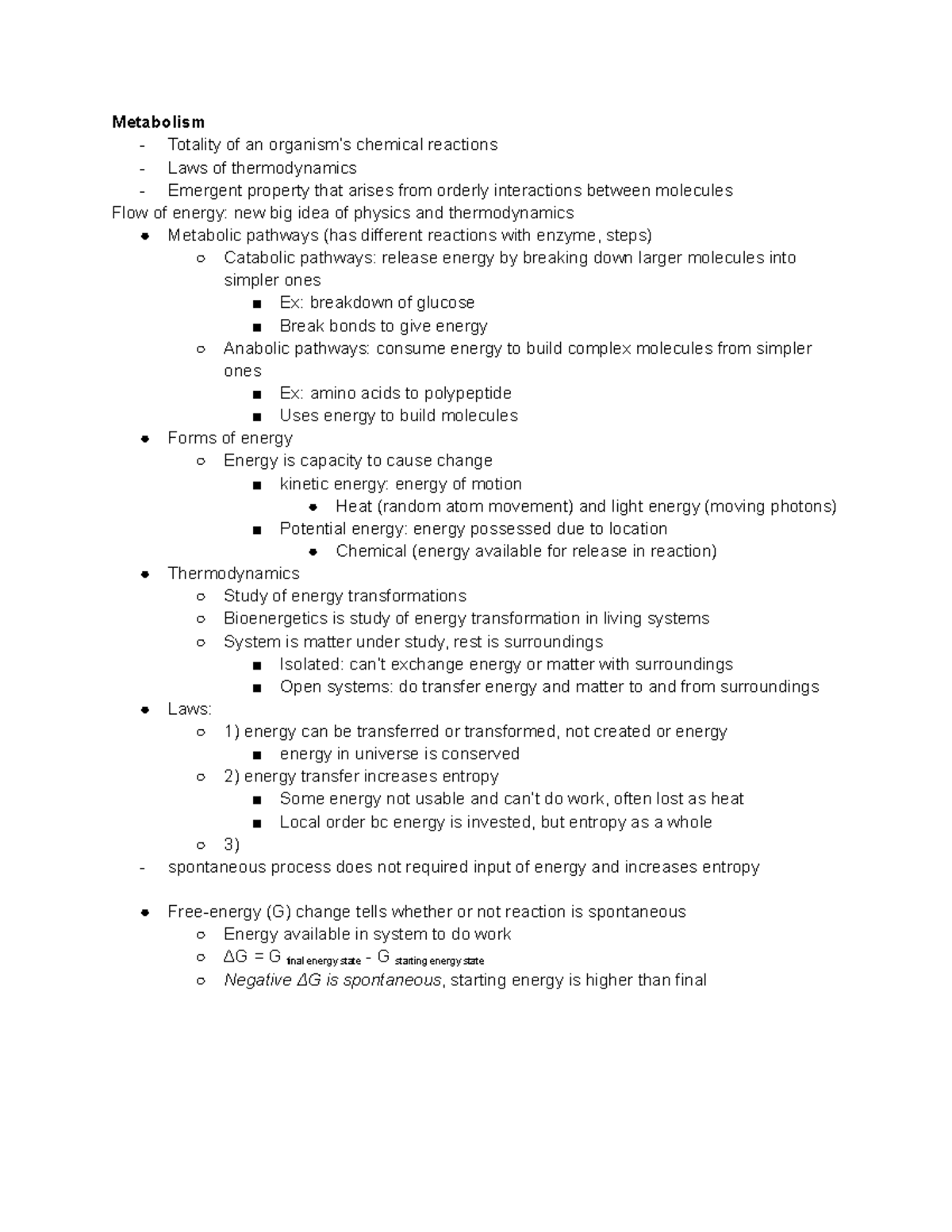 Metabolism Lecture Notes - Metabolism - Totality of an organism’s ...