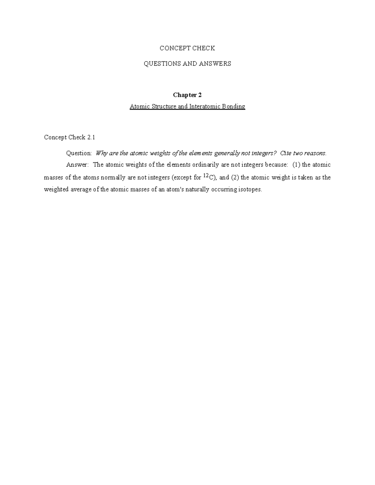 Ch02 - materials - CONCEPT CHECK QUESTIONS AND ANSWERS Chapter 2 Atomic Structure and ...