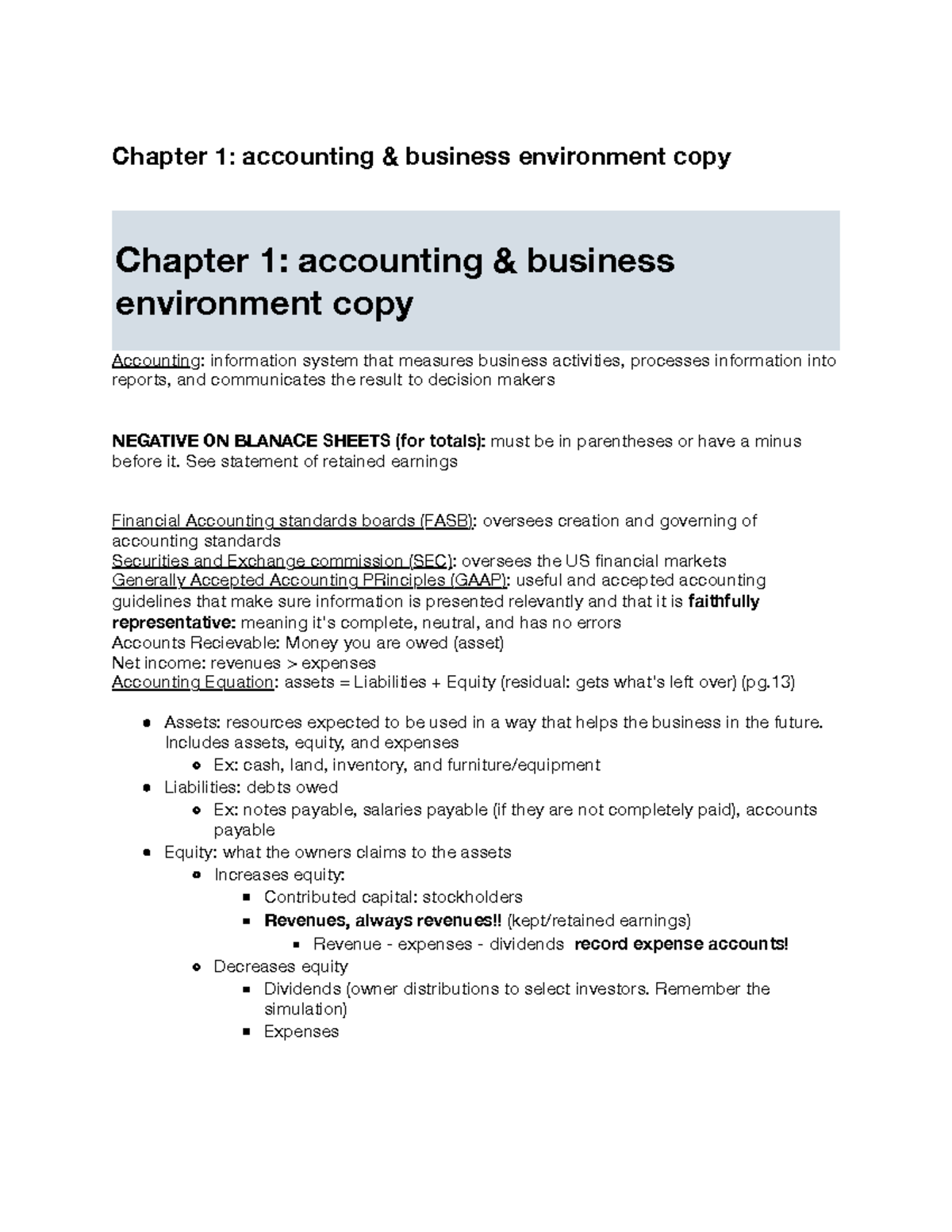Financial Accounting I - Chapter 1: accounting & business environment ...