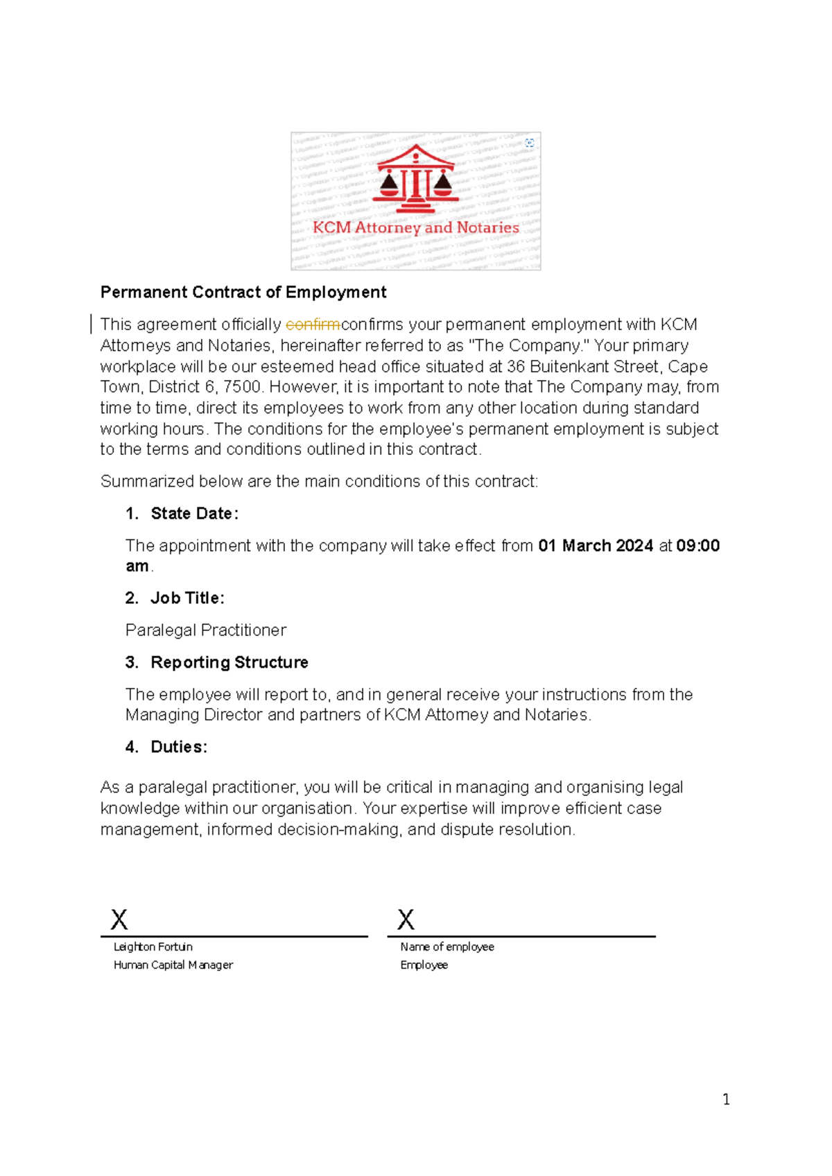 Employment Contract - Compliance with the BCEA provisions - Permanent ...