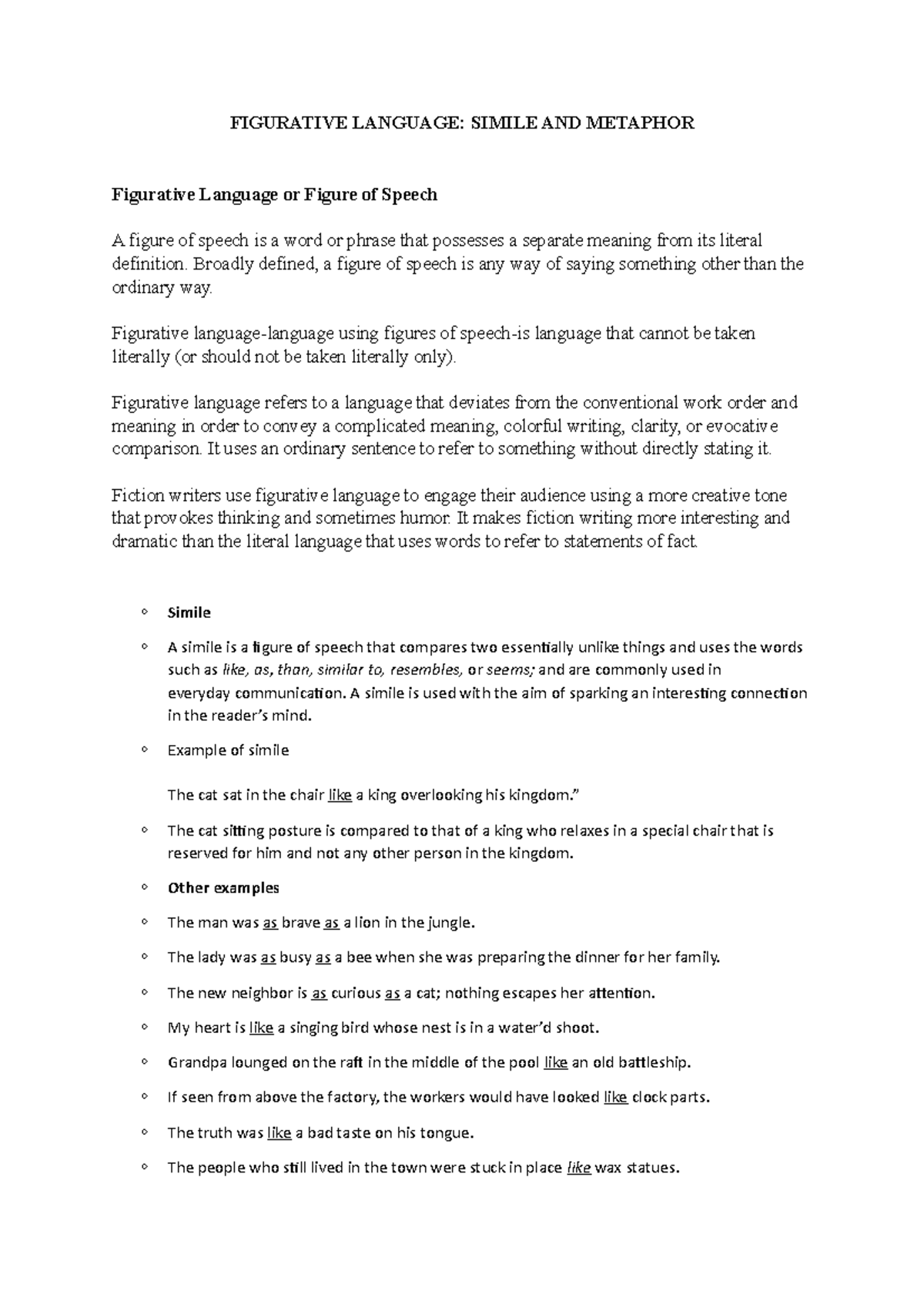 Figurative Language Simile AND Metaphor - FIGURATIVE LANGUAGE: SIMILE ...