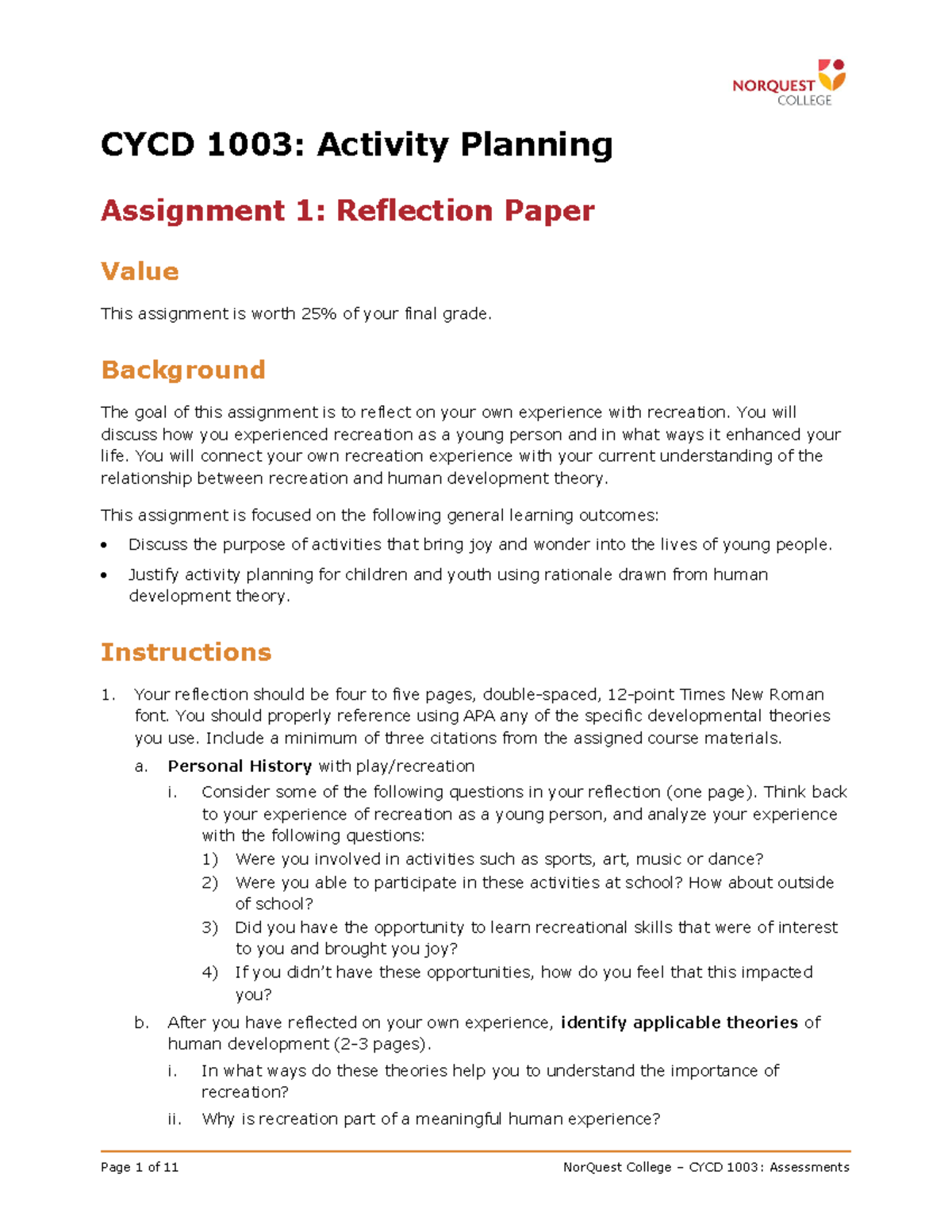 CYC 1003 Assignments Spring 2022 - CYCD 1003: Activity Planning Assignment 1: Reflection Paper ...