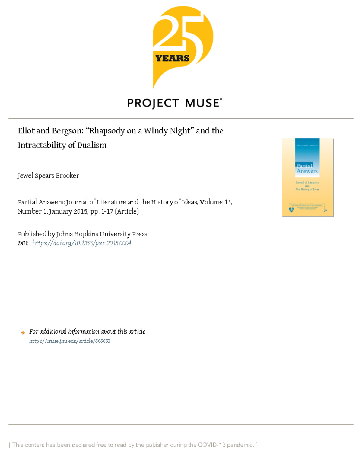 Rhapsody on a Windy Night project muse 565850 - Eliot and Bergson ...