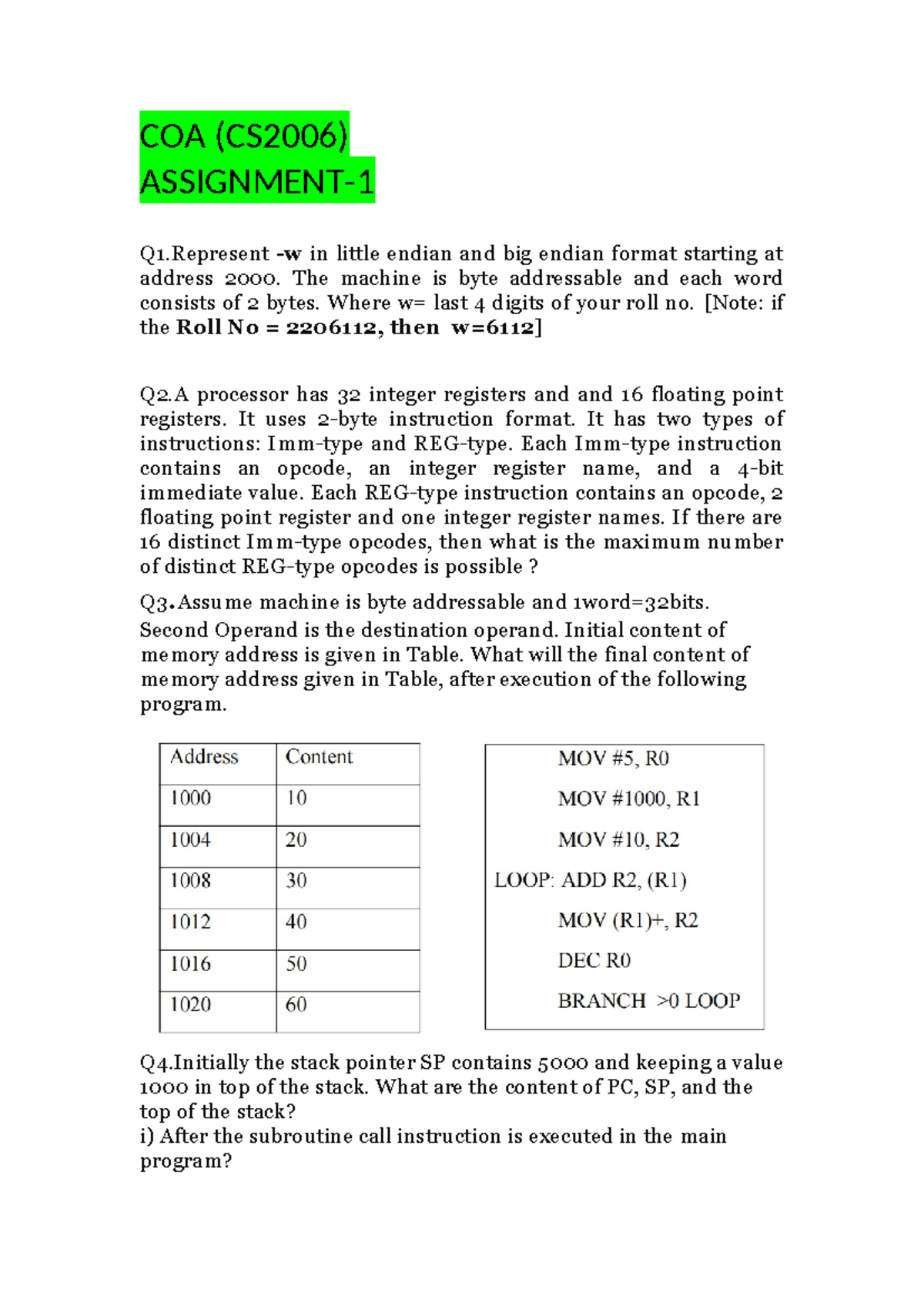 Assignment #1 COA(Spring) - COA (CS2006) ASSIGNMENT- Q1 -w in little endian and big endian ...