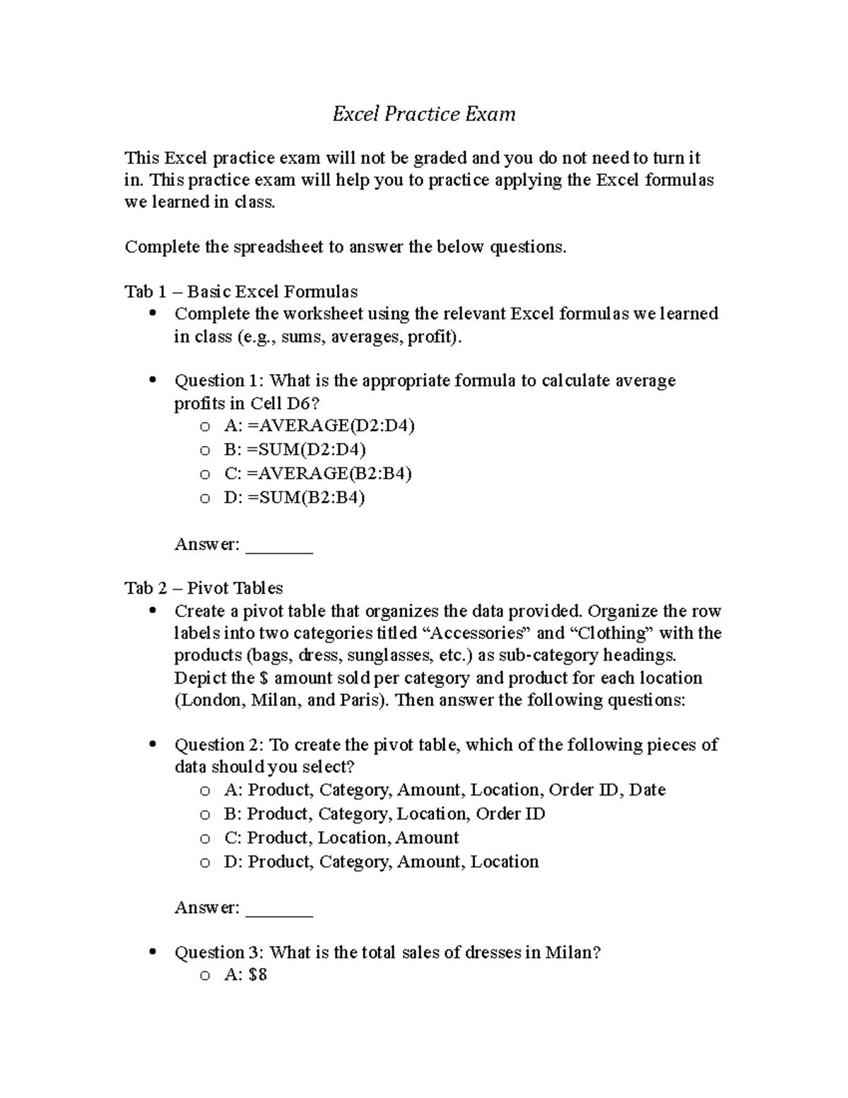 Excel Practice Exam - Please give as much additional information as ...