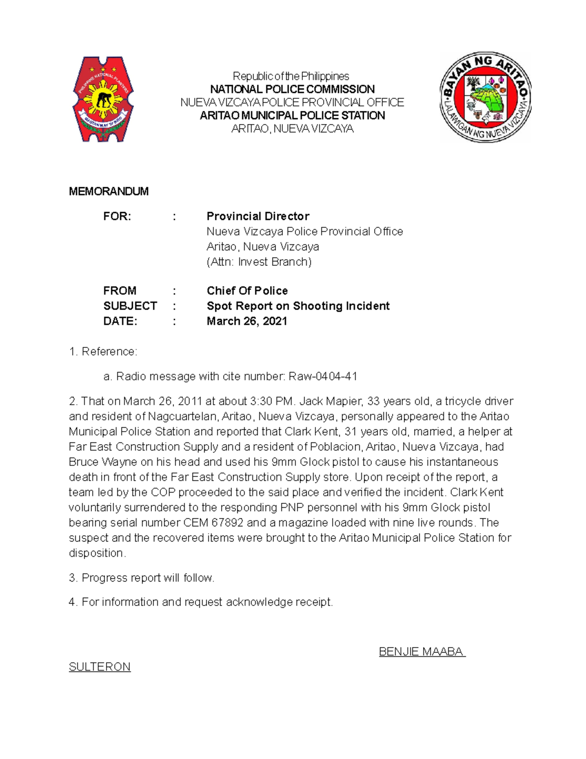 CASE Folder - a spot of shooting incident - Republic of the Philippines ...