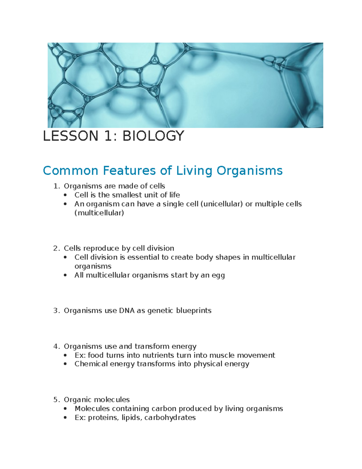 BIOL 202 Lesson 1 - NOTES - LESSON 1: BIOLOGY Common Features of Living ...