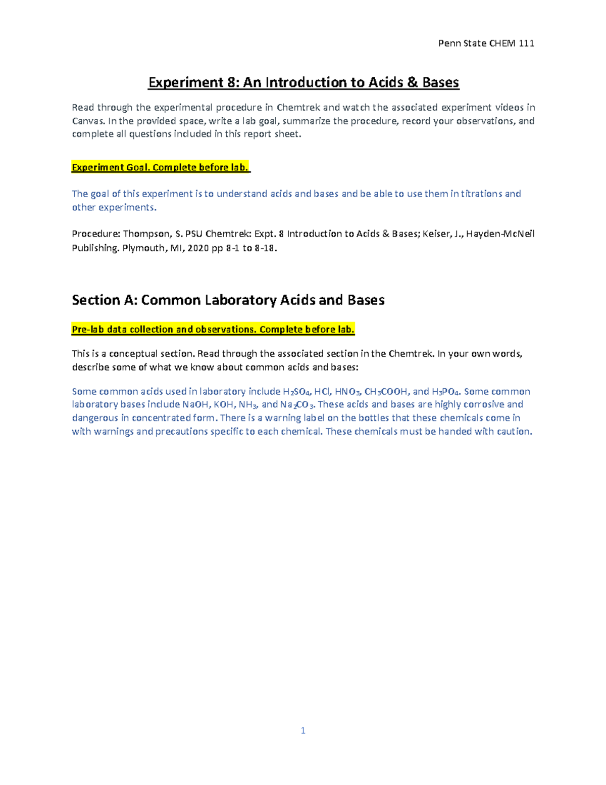 Experiment 8 CHEM111 - Experiment 8: An Introduction to Acids & Bases ...