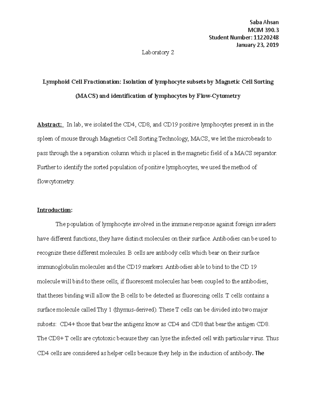 Laboratory 2 - MCIM Lab Reports - Saba Ahsan MCIM 390 Student Number ...