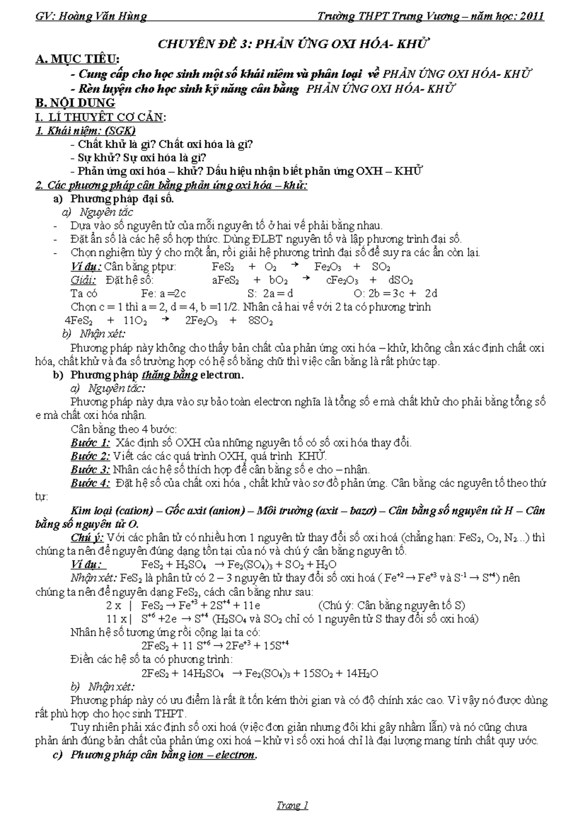 Chuyen DE PU OXH KHU RAT HAY - CHUYÊN ĐỀ 3: PHẢN ỨNG OXI HÓA- KHỬ A. MỤC TIÊU: Cung cấp cho học ...