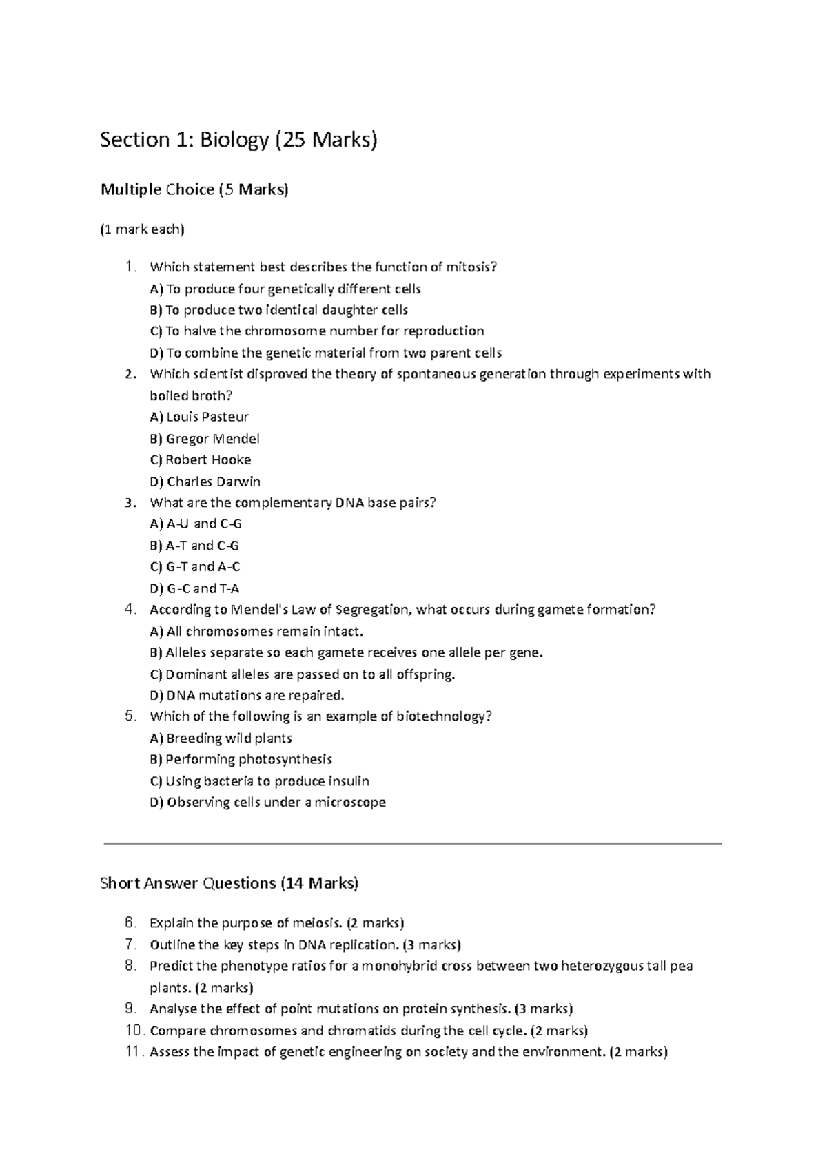 Year 10 Science Yearly Practice Test - Section 1: Biology (25 Marks ...