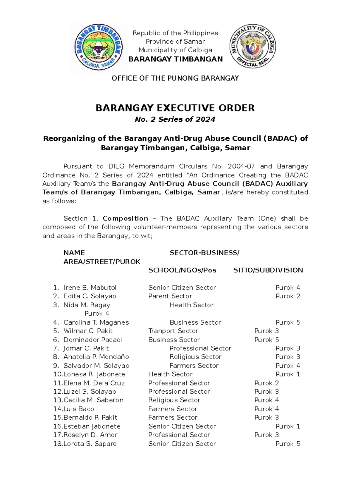 Barangay Executive Order No. 2 - Republic of the Philippines Province ...