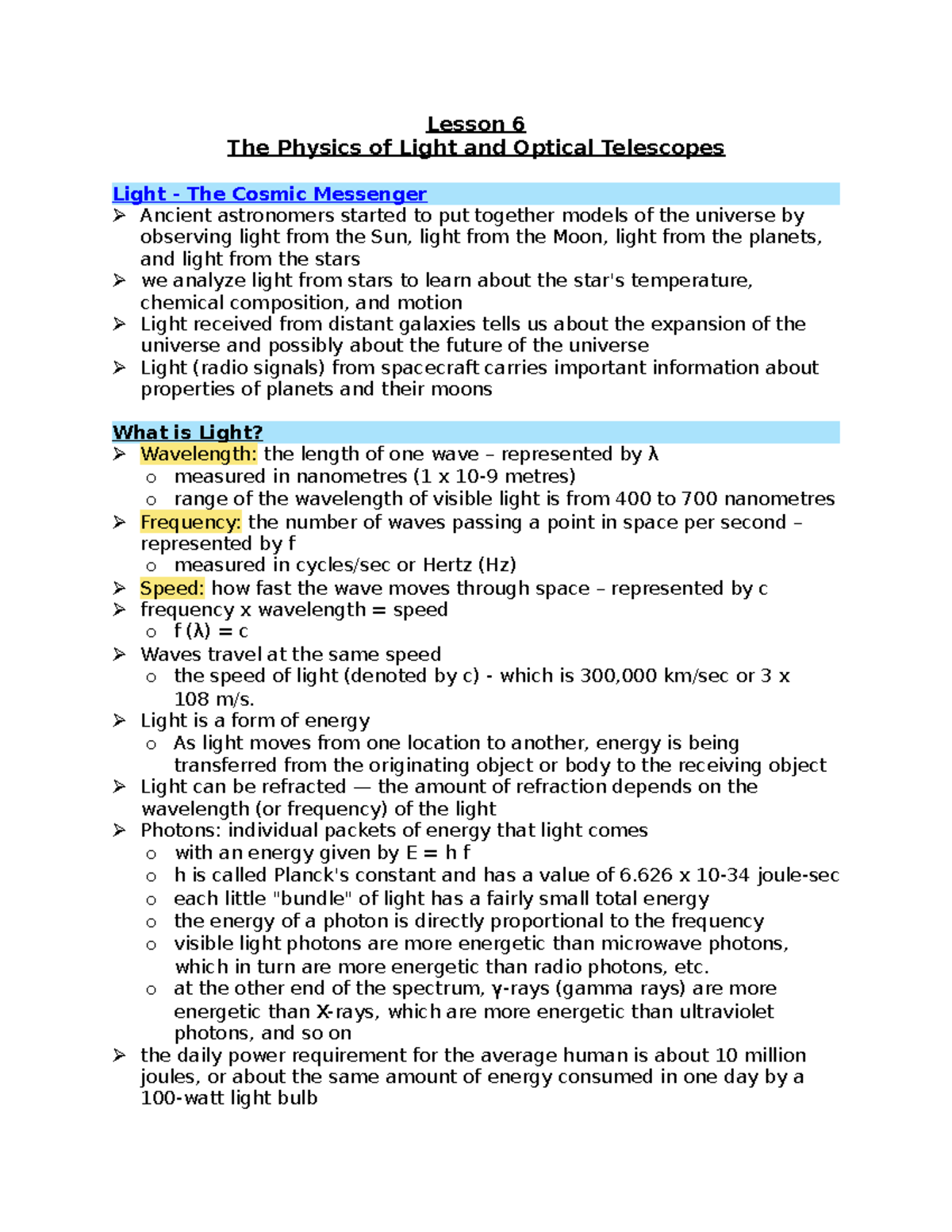 Lesson 6 - M2 - Lesson 6 The Physics of Light and Optical Telescopes ...