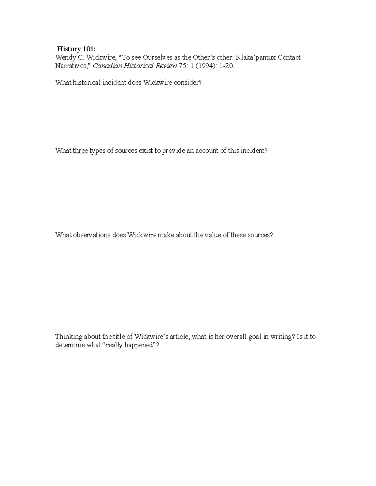 Online Hist 101 worksheets winter 2020 - Wendy C. Wickwire, “To see ...
