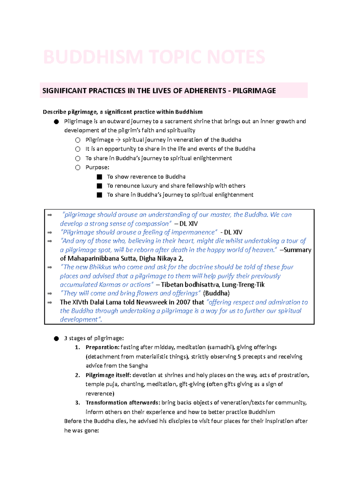 Buddhism notes - year 12 - BUDDHISM TOPIC NOTES SIGNIFICANT PRACTICES ...