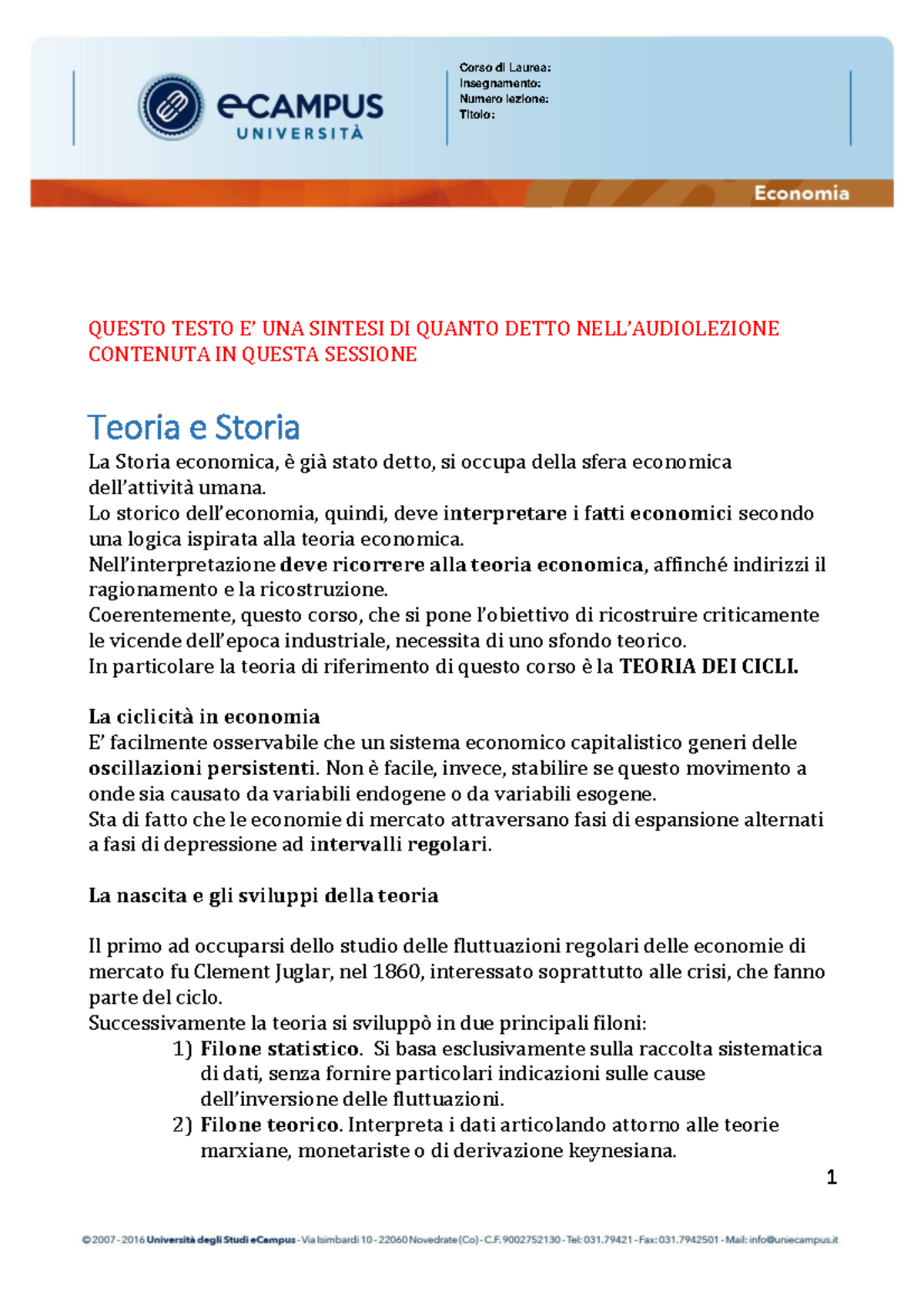 La teoria dei cicli economici - Insegnamento: Numero lezione: Titolo ...