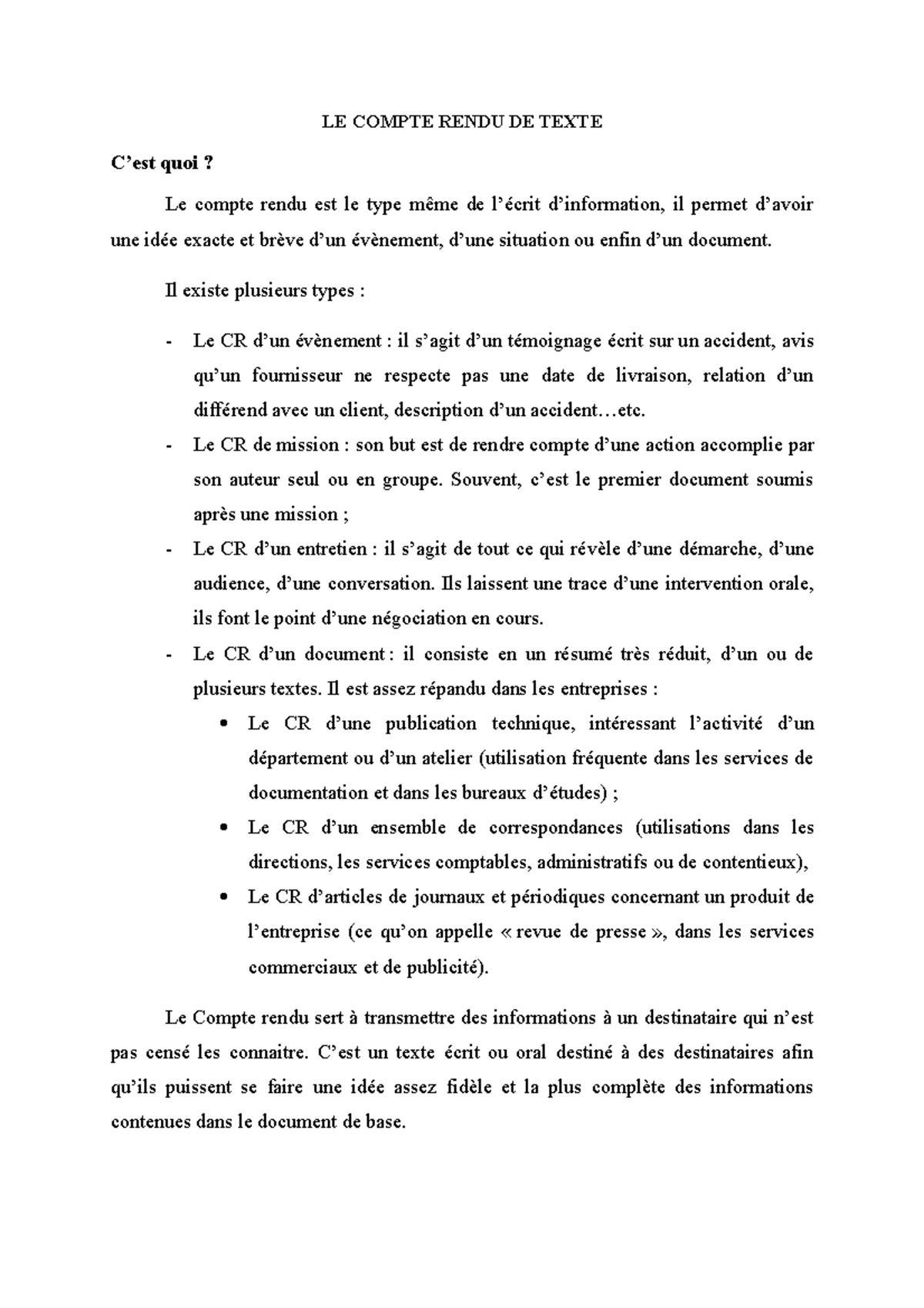 LE Compte Rendu DE Texte - LE COMPTE RENDU DE TEXTE C’est quoi? Le ...