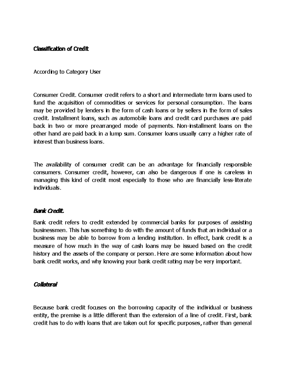 Classification of Credit - Classification of Credit According to ...