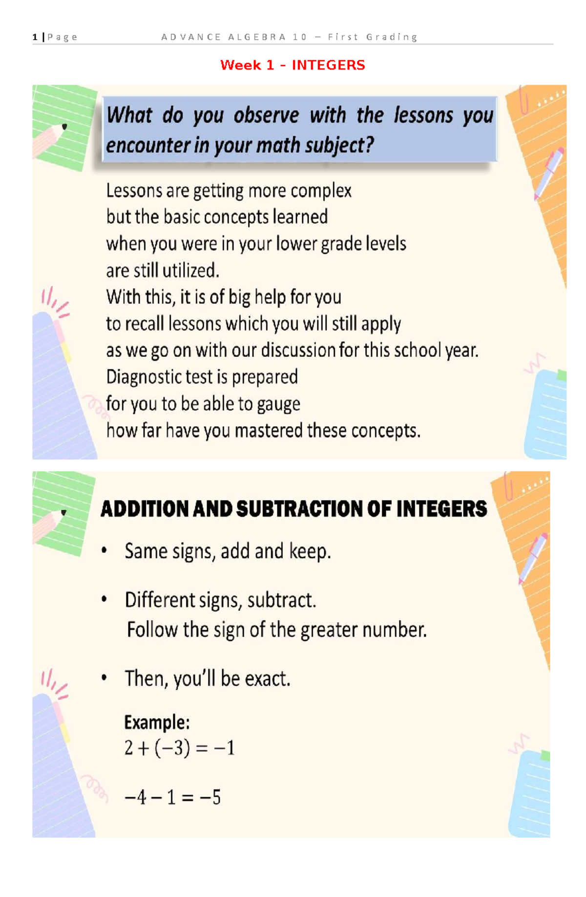 Advance Algebra 10 1st Grading - Week 1 – INTEGERS WEEK 1: Special ...