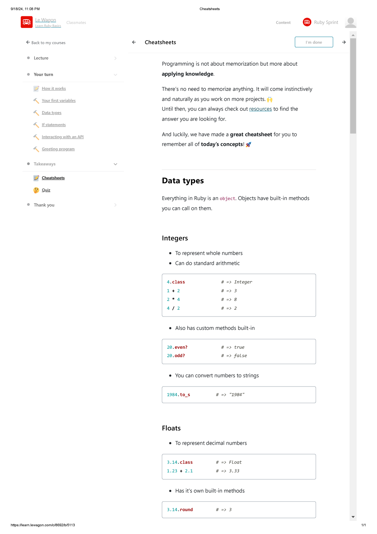 Cheatsheets for Ruby - ruby - Le Wagon Learn Ruby Basics Classmates ...