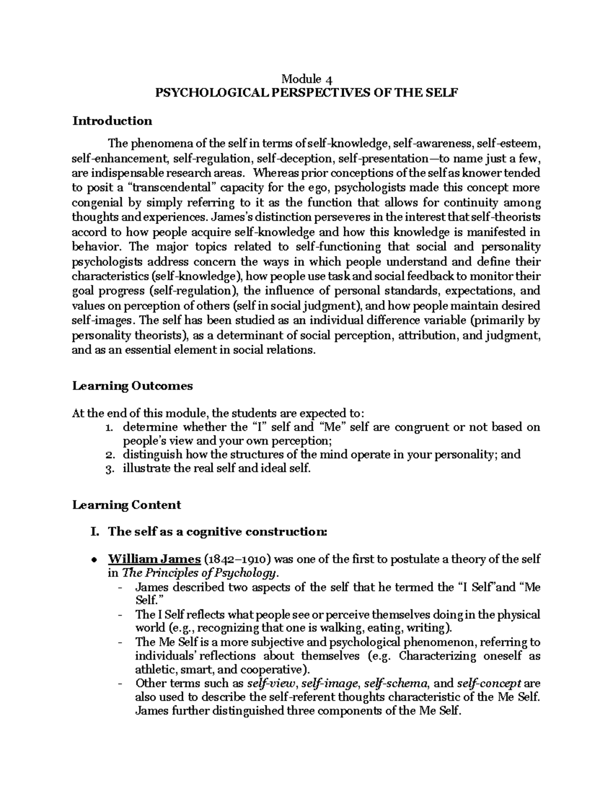 UTS- Module-4 - UTS - Module 4 PSYCHOLOGICAL PERSPECTIVES OF THE SELF Introduction The phenomena ...