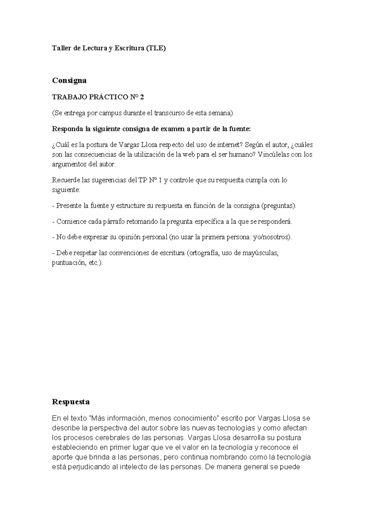 Trabajo practico int2 - Taller de Lectura y Escritura (TLE) Consigna TRABAJO PRÁCTICO N° 2 (Se ...