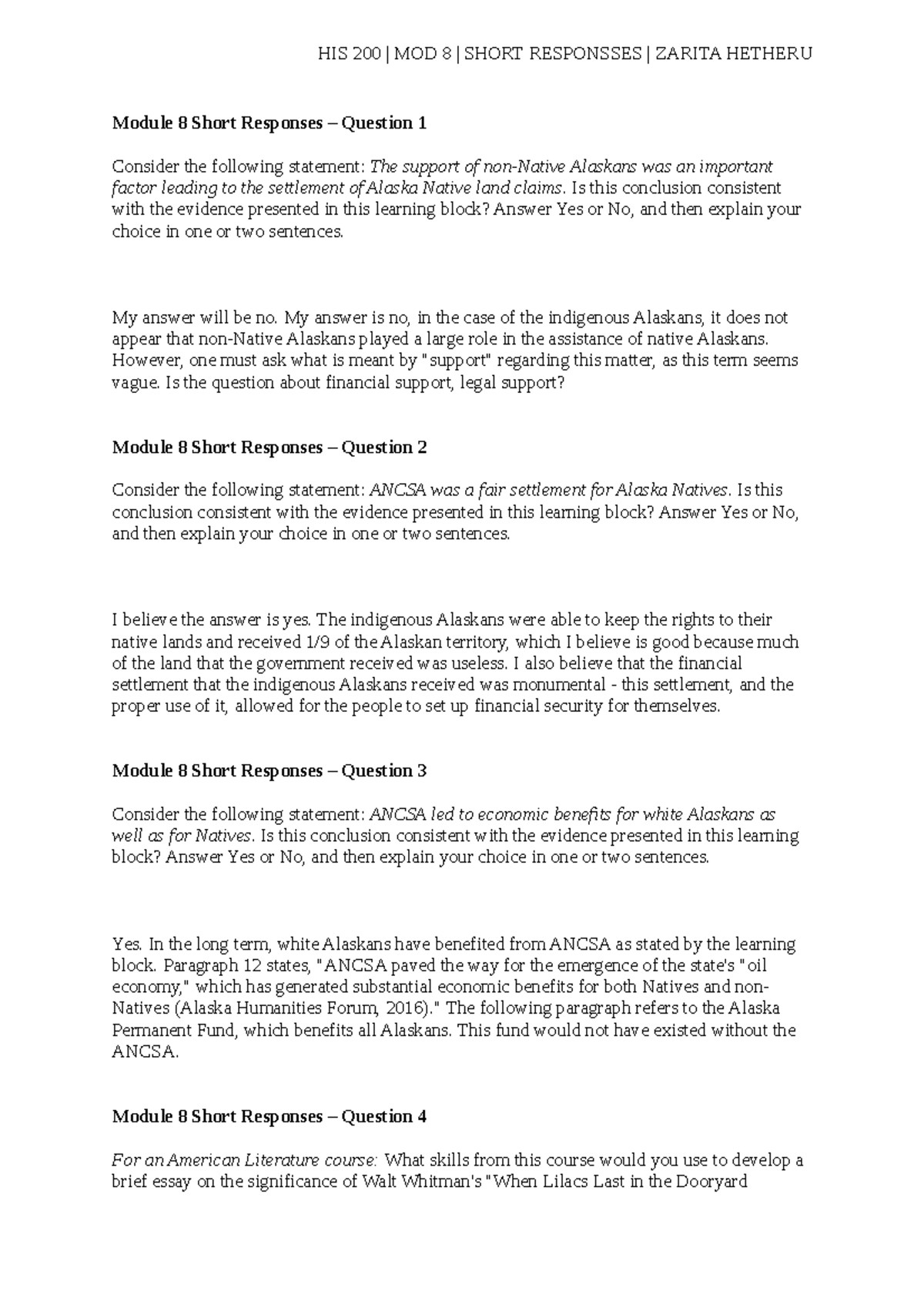 HIS 200 MOD 8 Short Respones ZHH - HIS 200 | MOD 8 | SHORT RESPONSSES ...