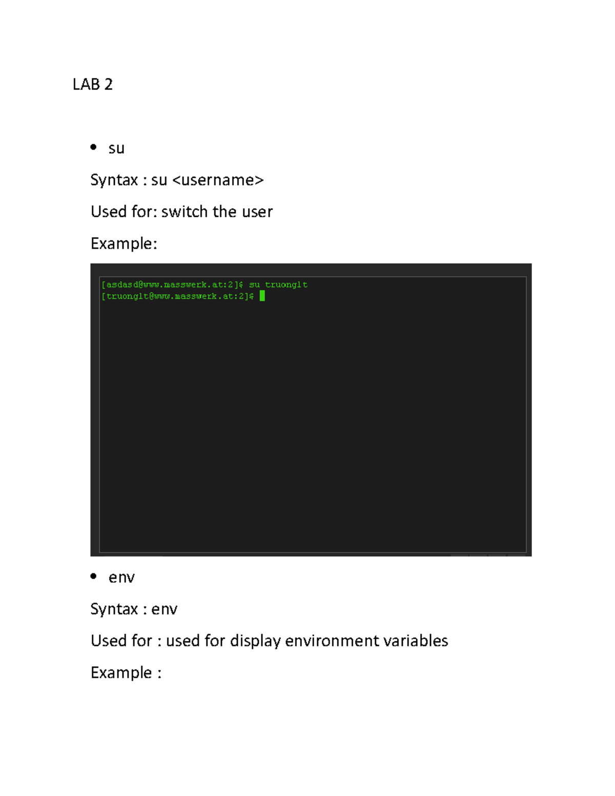 Lab2,3 - osg - LAB 2 su Syntax : su Used for: switch the user Example: env - Studocu