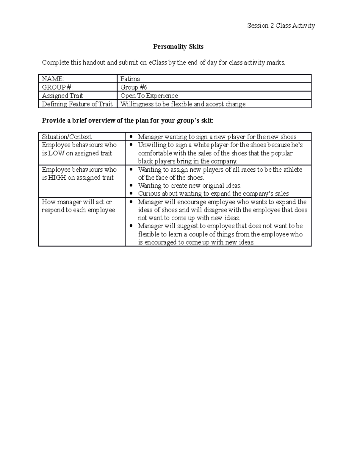 Personality Skit Activity (Session 2) - Session 2 Class Activity ...