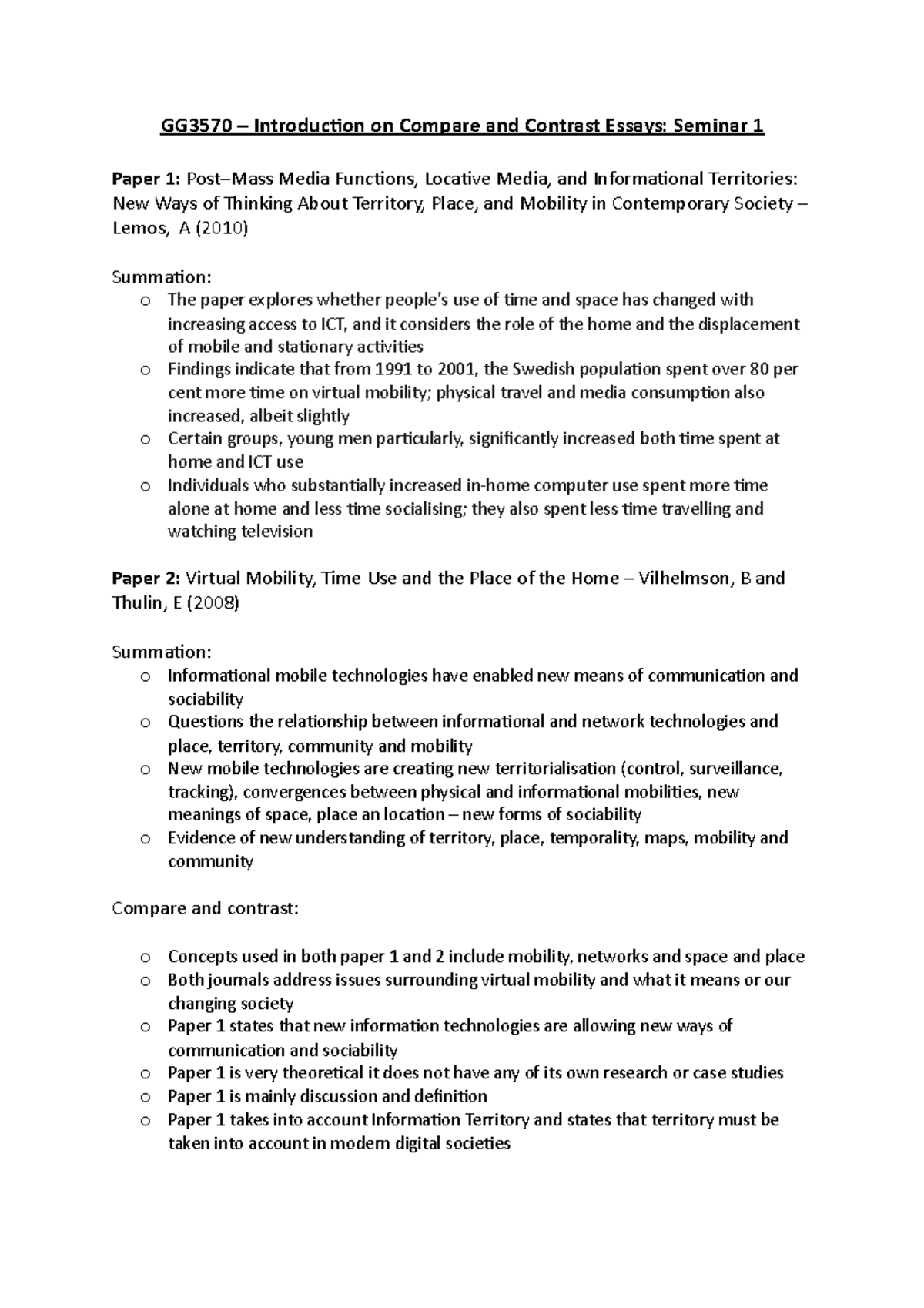 Seminar 1 - GG3570 – Introduction on Compare and Contrast Essays ...
