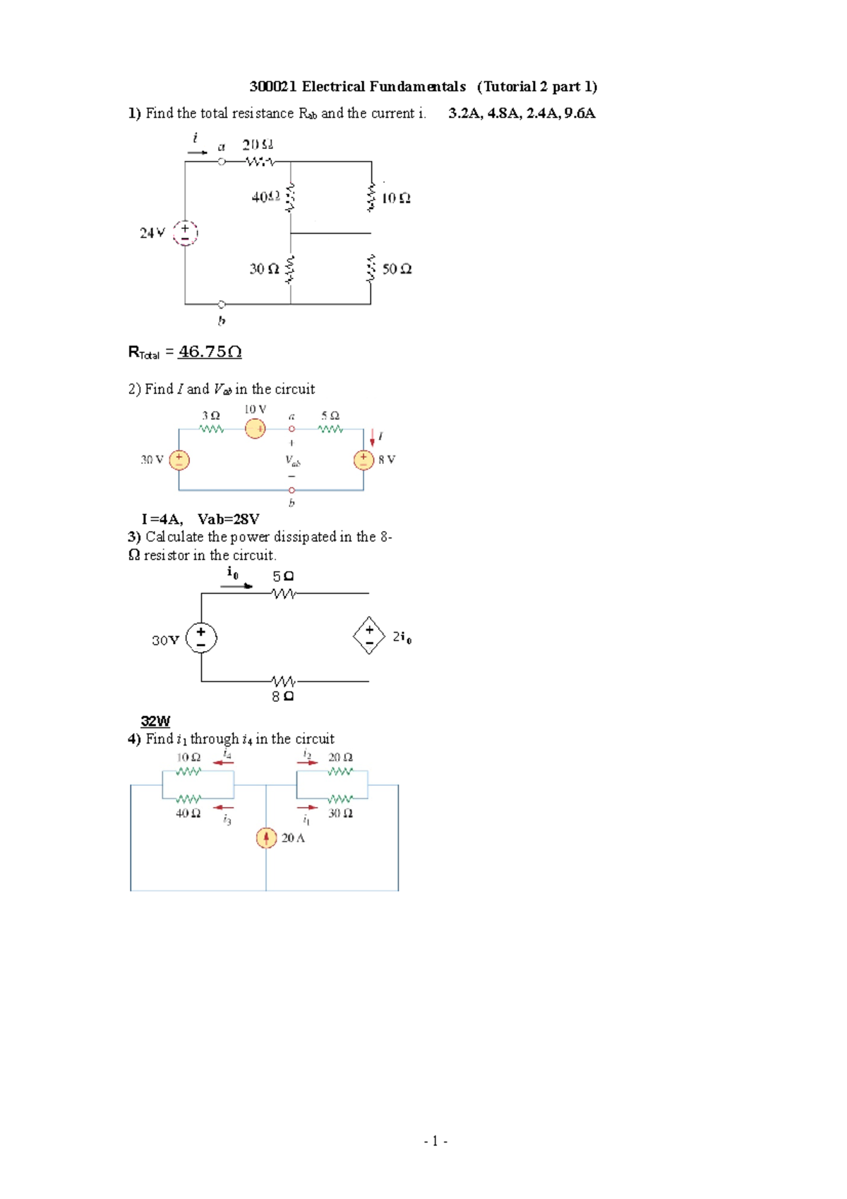 Tutorial 2 - Nodal Analysis Solution - 300021 Electrical Fundamentals (Tutorial 2 part 1) 1 ...