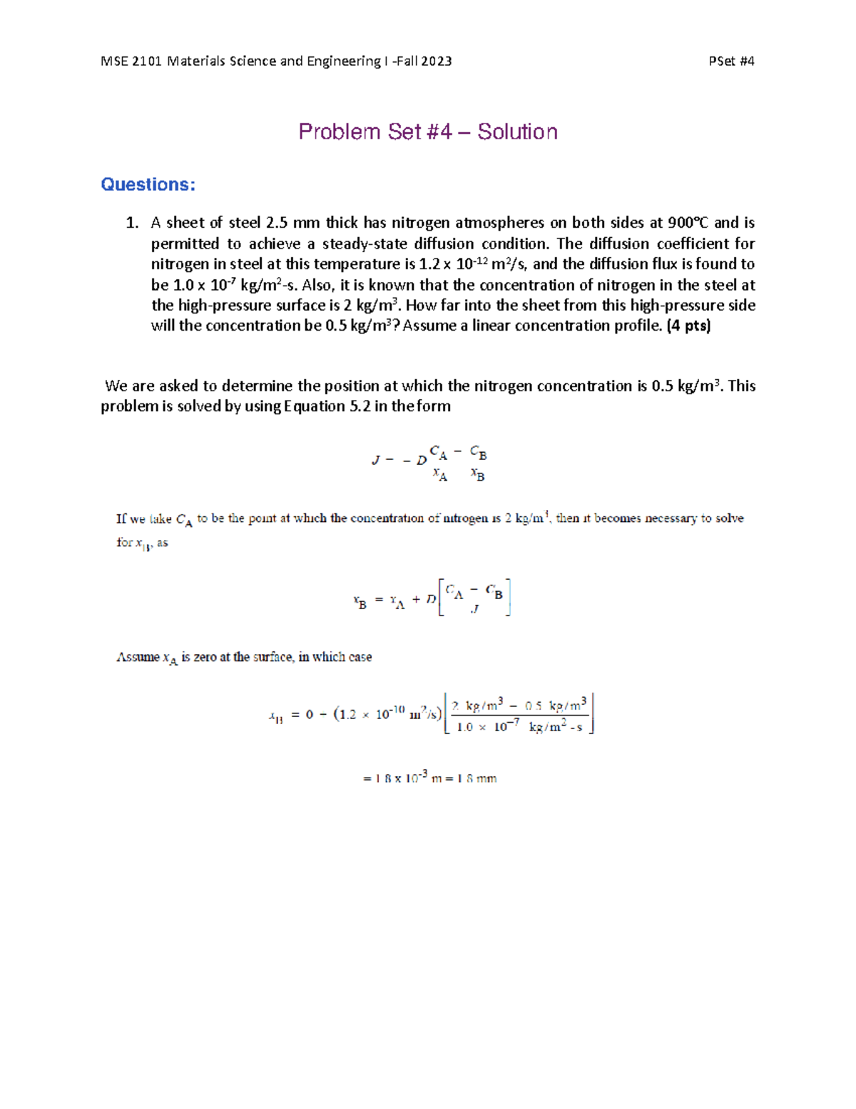 Set 4 - homework - Problem Set # 4 – Solution Questions: A sheet of steel 2 mm thick has ...