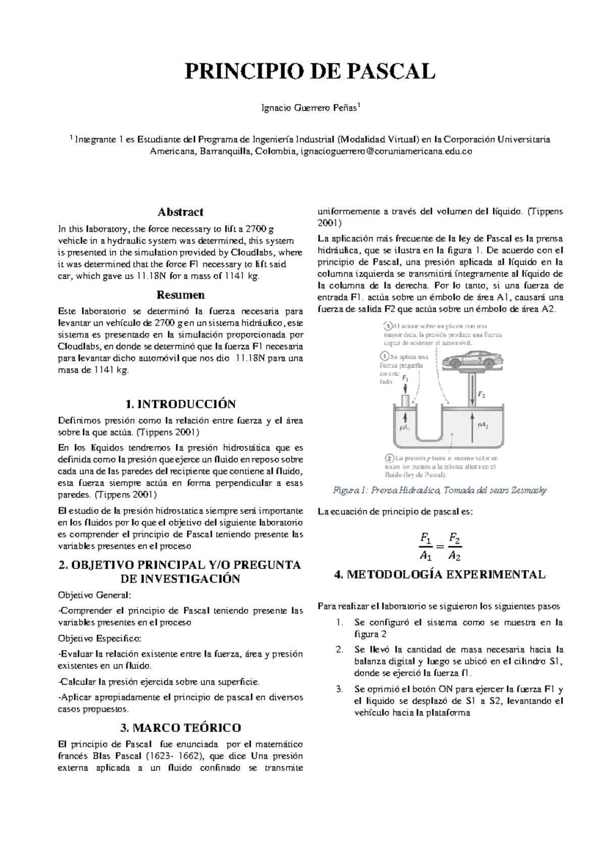 Informe laboratorio Pascal ignacio Guerrero - PRINCIPIO DE PASCAL Ignacio Guerrero Peñas 1 1 ...