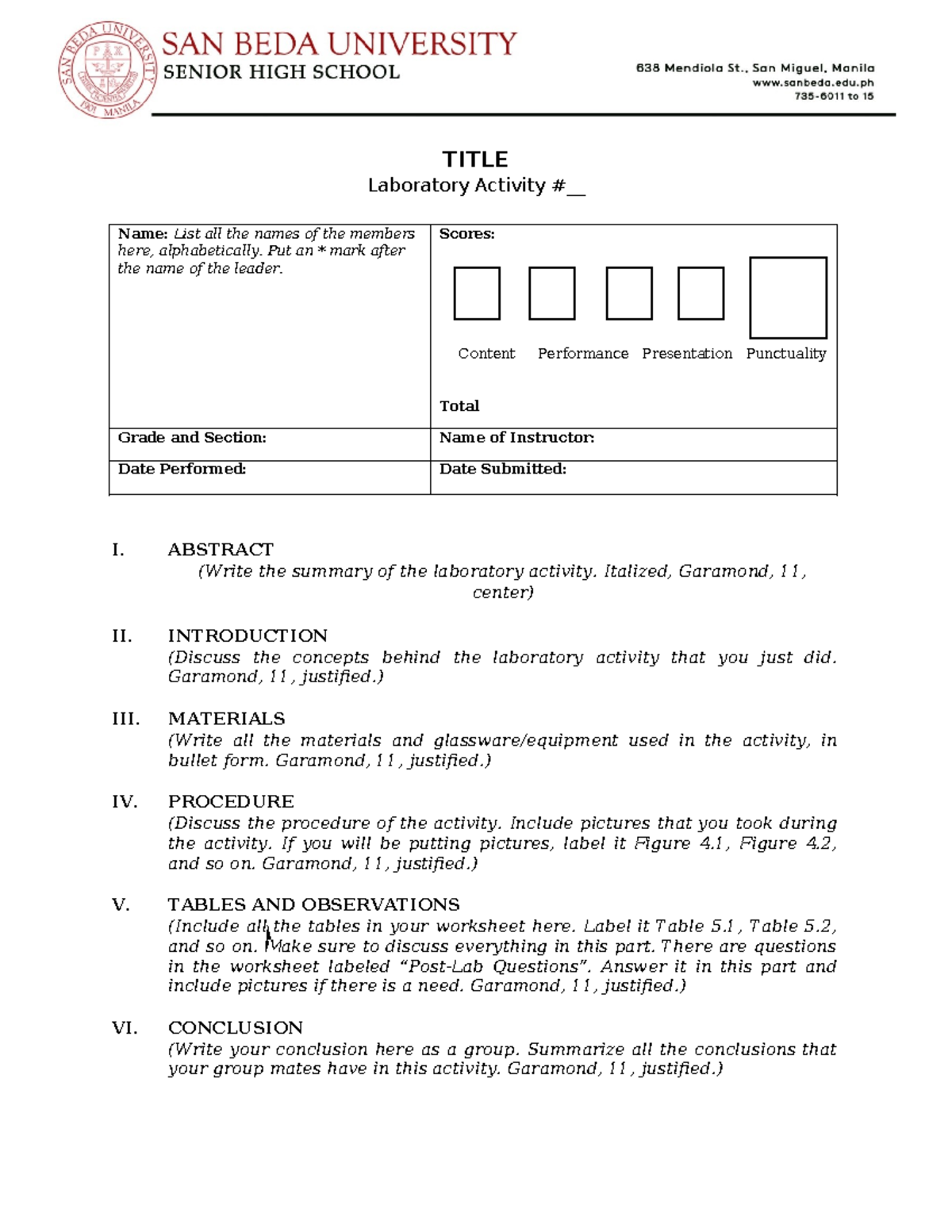POST-LAB- Format - precise - TITLE Laboratory Activity #__ I. ABSTRACT ...