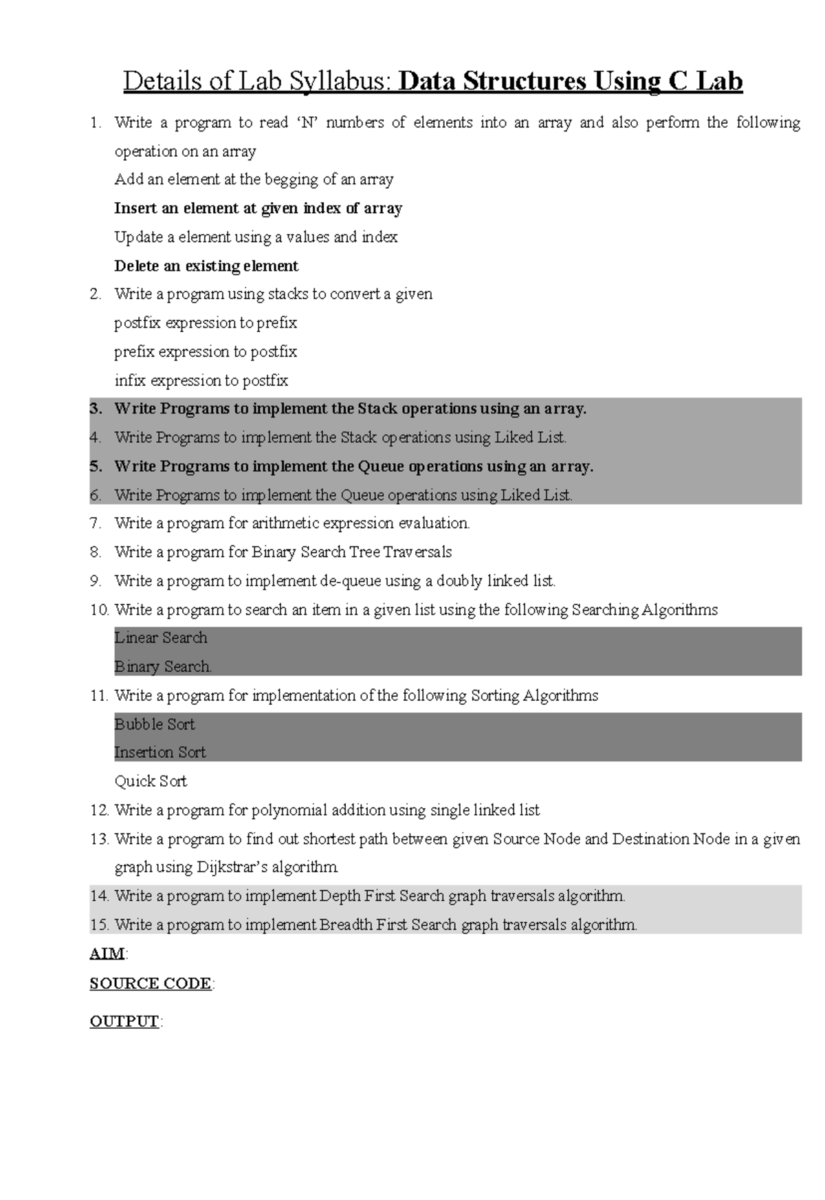 Details of Lab Syllabus ptr - Details of Lab Syllabus: Data Structures ...
