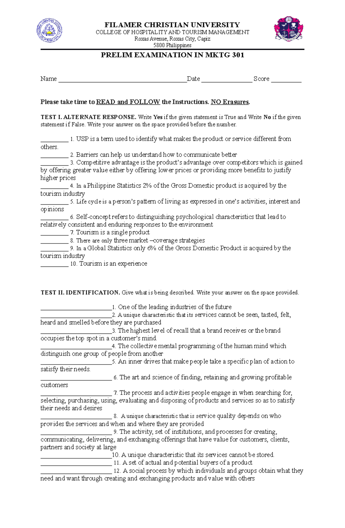 Prelim Examination IN MKTG 301 ok - FILAMER CHRISTIAN UNIVERSITY ...