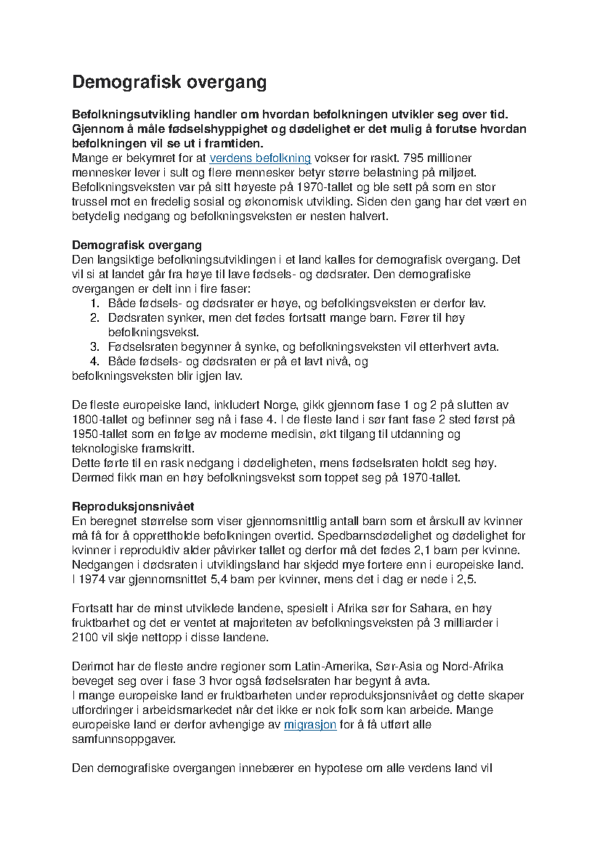Demografisk overgang - Sammendrag Fordjuping i nyare historie ...