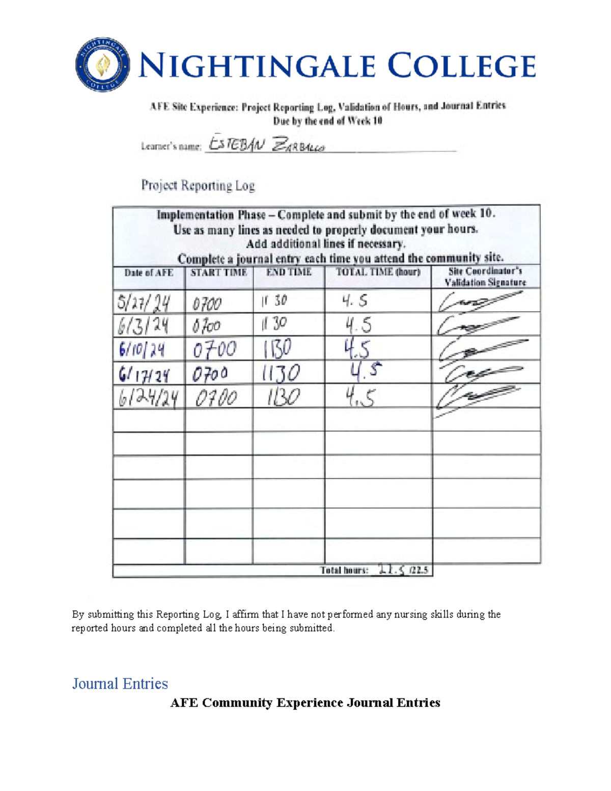 AFE Site Experience - By submitting this Reporting Log, I affirm that I ...