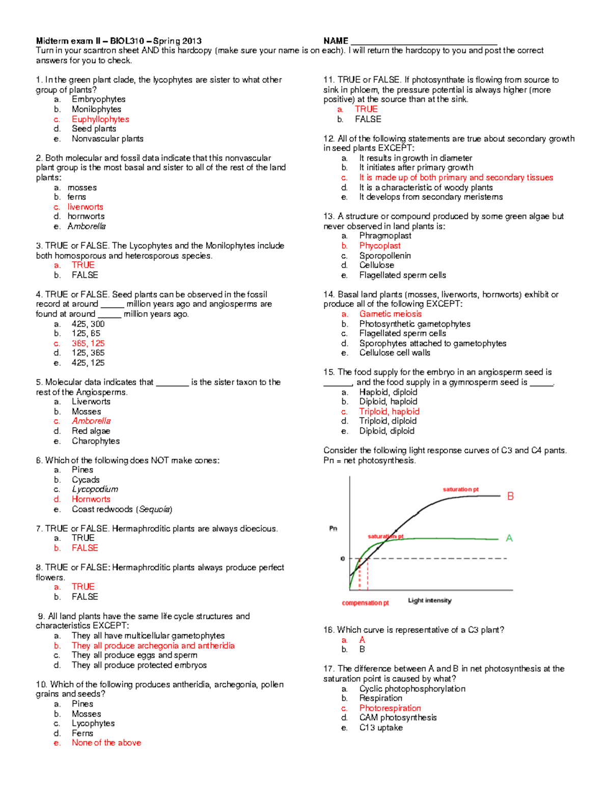 Midterm exam 2 Spring 2013 - Midterm exam II BIOL310 Spring 2013 NAME Turn in your scantron ...
