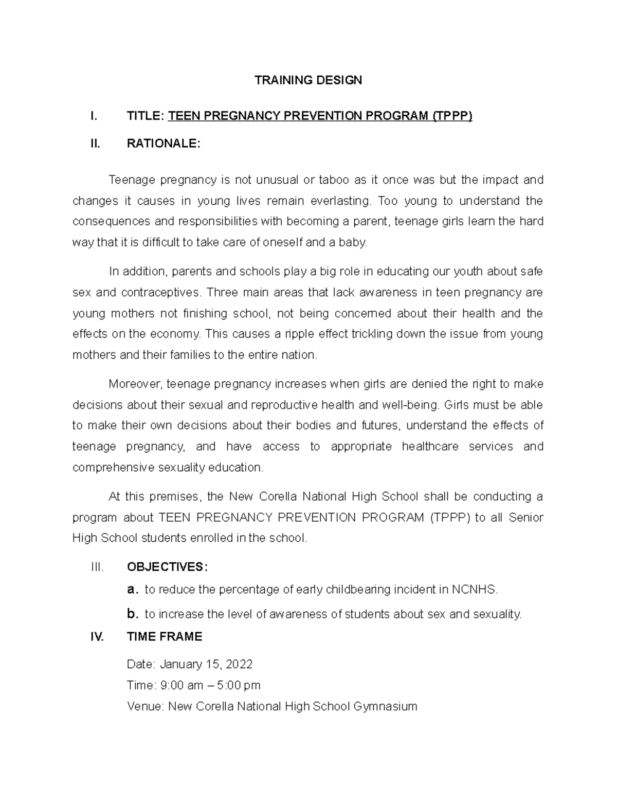 Training- Design-MIKO - TRAINING DESIGN I. TITLE: TEEN PREGNANCY ...