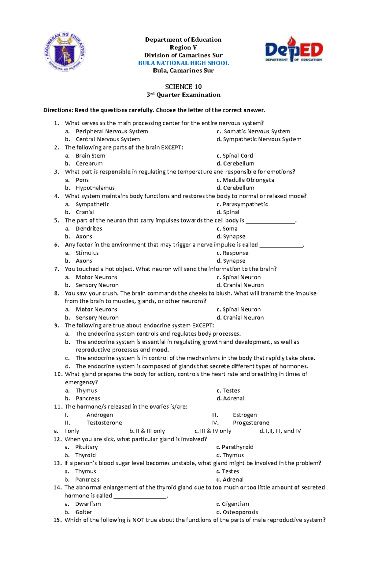 Science Examination - Department of Education Region V Division of ...